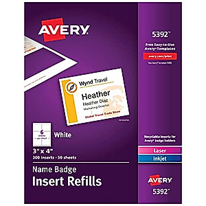 Avery Name Badge Inserts, Print or Write, 3 x 4 Inch, 300 Card Stock Refills (5392), White