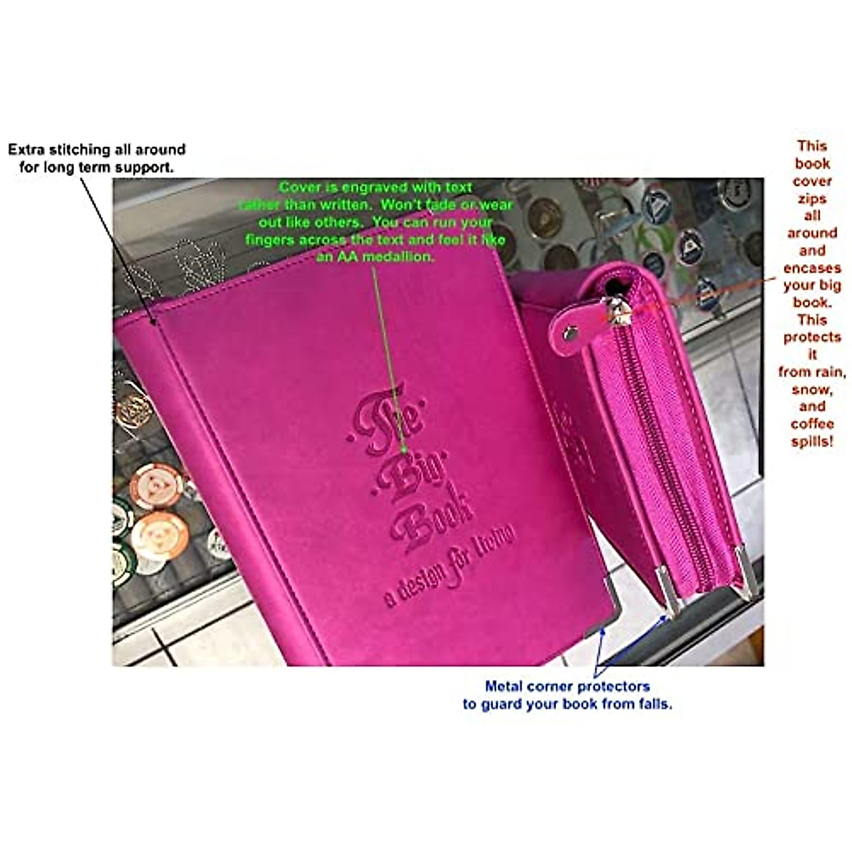 First Edition Softcover Reprint AA Big Book w/Pink Bookcover for Alcoholics Anonymous. You Get The Both AA Big Book 1st Edition Reprint and Pink Zip Up Bookcover.