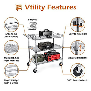 WDT Heavy Duty 3 Tier Rolling Utility Cart, Kitchen Metal Utility Carts with Handle Bar, Utility Shelf Plant Display Shelf Food Cart Storage Trolley with Wheels, Silver