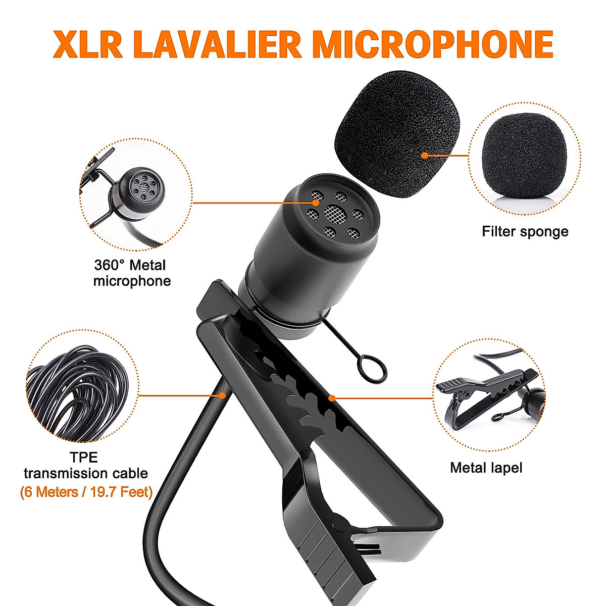 Tendak XLR Lavalier Microphone, Omnidirectional Lapel Mic, Phantom Power with Metal Lapel Clip and Windscreen Accessories Compatible with Canon Sony Panasonic Camcorders for Interview YouTube