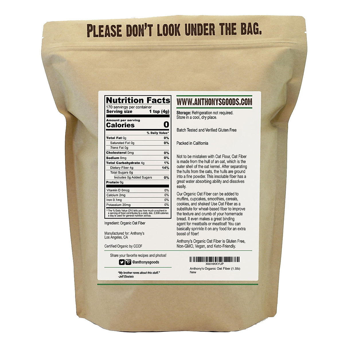 Anthony's Organic Oat Fiber, 1.5 lb, Gluten Free, Non GMO, Keto Friendly, Product of USA