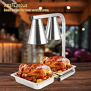 Restlrious Food Heat Lamp Freestanding Commercial Portable Food Warmer with 2 Half-Size Food Pans, Stainless Steel 120V Electric Food Heat Lamp with 2 Bulbs - 250W Each, Fan-Shaped Lampshade
