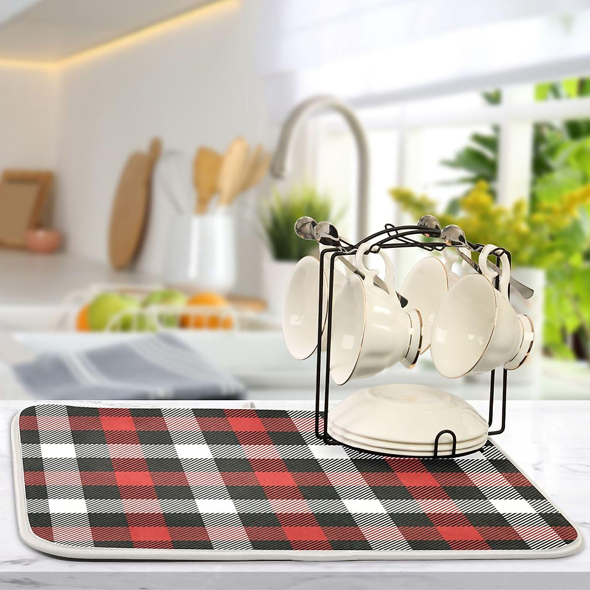 Christmas Buffalo Plaid Tartan Check Scotland Black Red Dish Drying Mat Medium Dish Draining Mat For Kitchen Counter Dry Matt For Dishes Absorbent Mat XL Drying Mat For Dishes 18 x 24 Inches