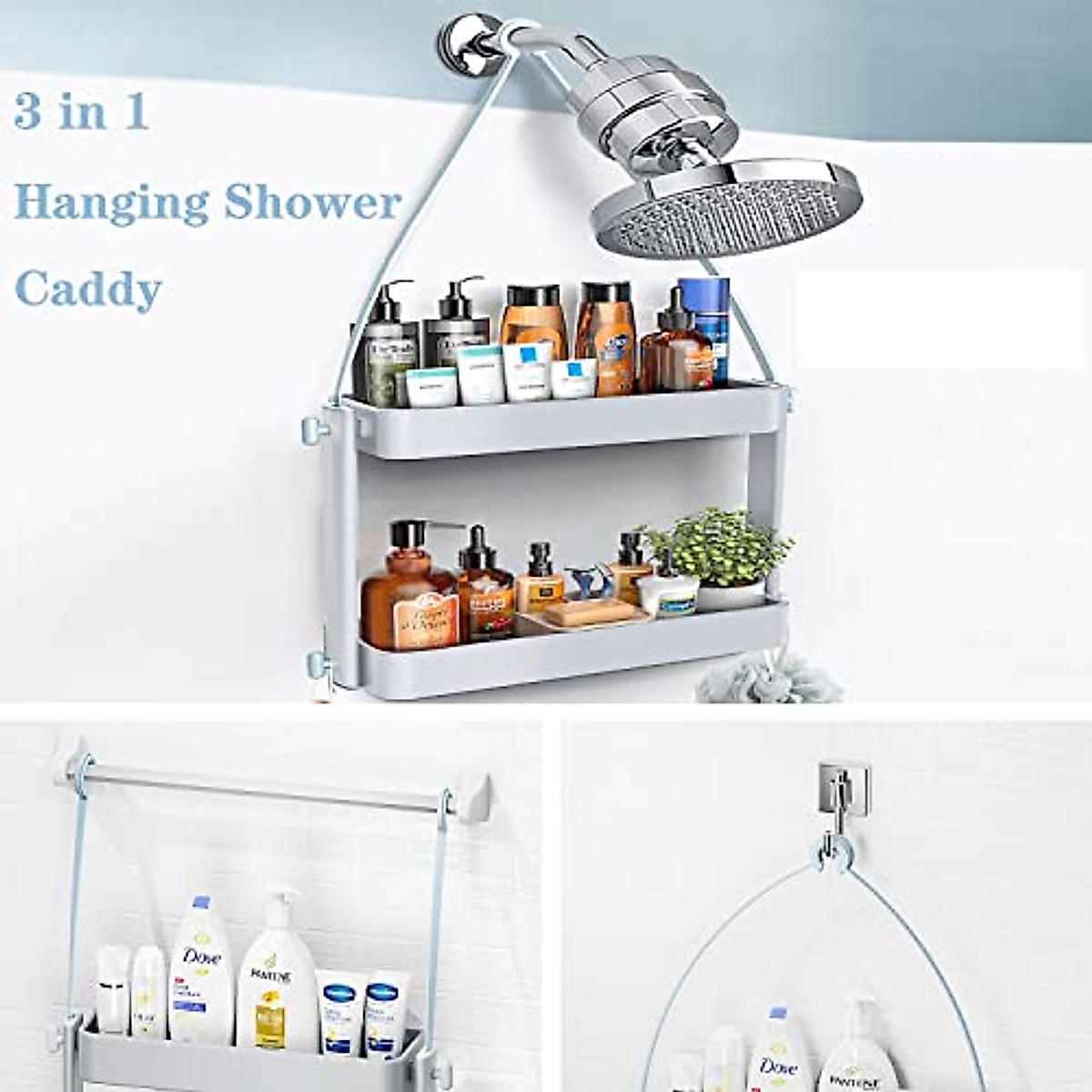 dabria Shower Caddy Hanging, Stable Shower Caddy Over Shower Head with Adjustable Height, 3 in 1 Rust Proof Shower Organizer Shelf, No Drilling, 4 Powerful Suction Cups, Non-Slip Hanging Shower Caddy