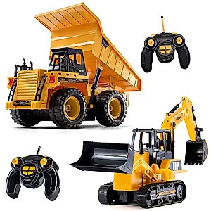 Top Race Remote Control Construction Dump Truck + Excavator Toy Vehicle Battery Powered
