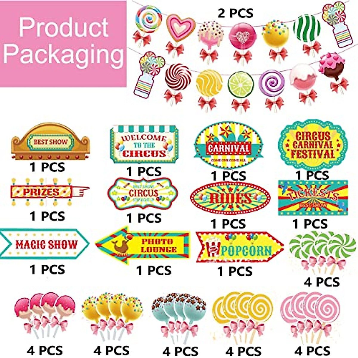 UOMNICUE 37PCS Candyland Party Decorations Set, Candyland Sign Banner Lollipop Cupcake Toppers for Sweet Candyland Themed Kids Baby Birthday Party Decoration Christmas Party Supplies