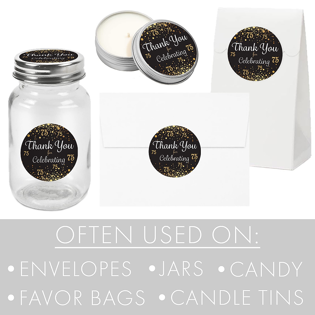 Black and Gold 75th Birthday Thank You Stickers - 1.75 in - 40 Labels