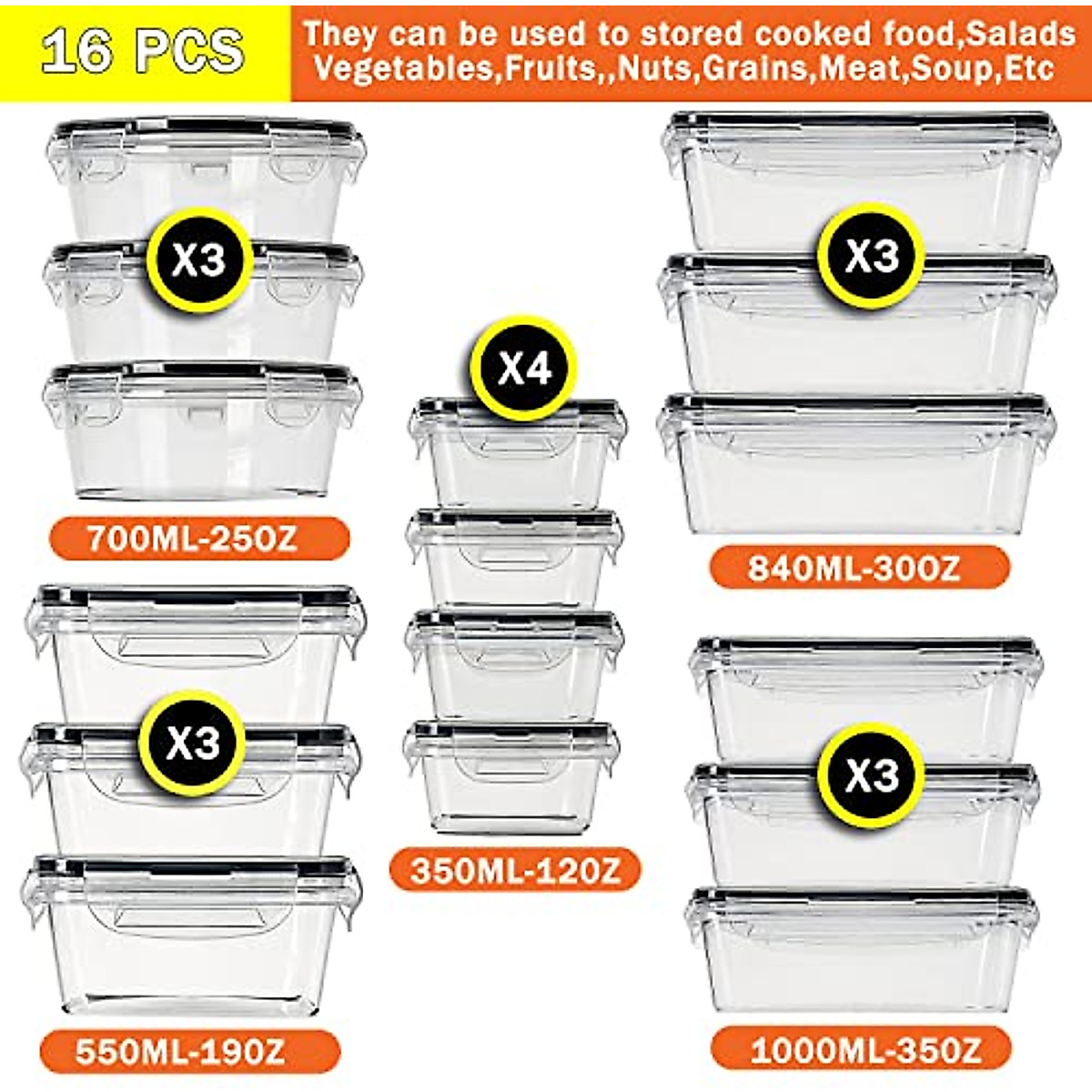 Food Storage Containers Lids set [32 Pack - 16 Container + 16 Lids], RKINC BPA-Free Plastic Airtight, Leak Proof Meal Prep Container for Pantry Organization, Dishwasher, Microwave and Freezer Safe (16
