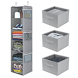 Libeder 6-Shelf Hanging Closet Organizer with Drawers, Closet Hanging Organizers and Storage Shelves with 6 Side Pockets,Collapsible Closet Hanging Shelves for Clothes, Underwear, Nursery, RV(Grey)