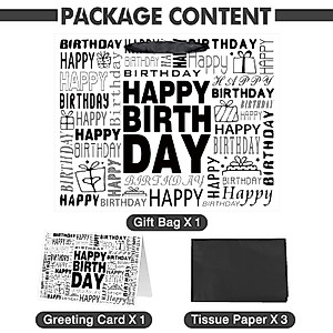 13" Large Black and White Happy Birthday Gift Bag with Tissue Paper and Card for Men Women Birthday