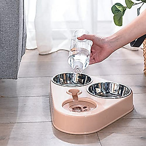 Dog Cat Double Bowl Food Water Feeder, 3 in 1 Pet Dog Feeder Bowl with 500ML Water Bottle,Automatic Water Storage,Anti-Tipping,Detachable,Cat Food Water Bowl Set (Pink)