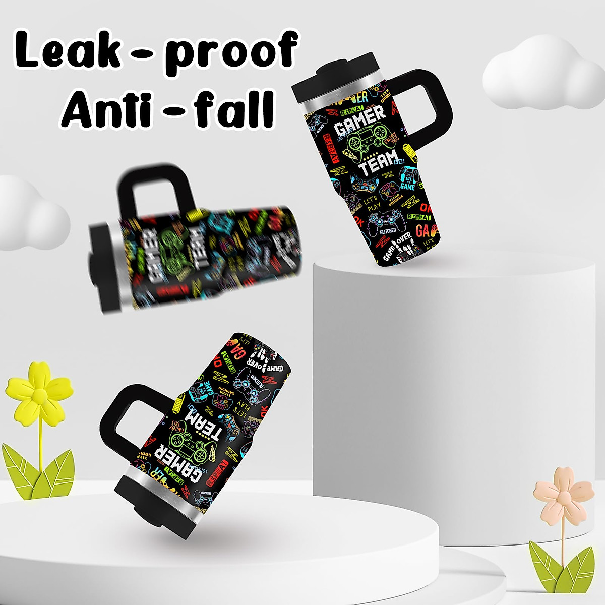 Gamer Gifts for Boys, 14 oz Game Tumbler with Handle and Straw for Kids, Gaming Mugs for Toddlers, Insulated Stainless Steel Leak Proof Tumbler for Gamer, Gaming Boys Gifts