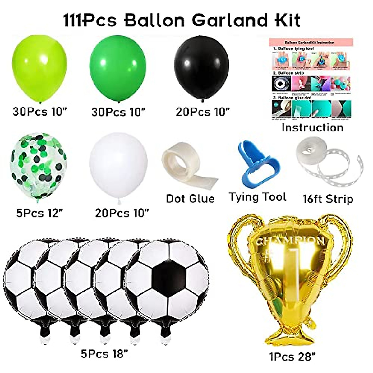 SyceePool Soccer Balloons Arch Garland Kit,111 Pcs Ballon for Soccer Theme Party Decoration,Soccer World Cup Balloons with Dot Glue,Tying Tool,2022 World Cup Decoration