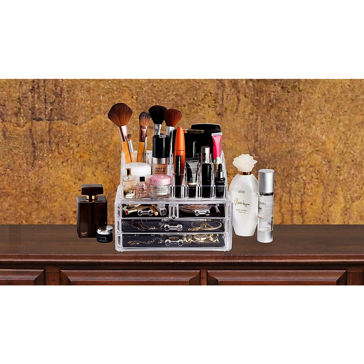 Clear Cosmetic Storage Organizer - Easily Organize Your Cosmetics, Jewelry and Hair Accessories. Looks Elegant Sitting on Your Vanity, Bathroom Counter or Dresser. Clear Design for Easy Visibility.