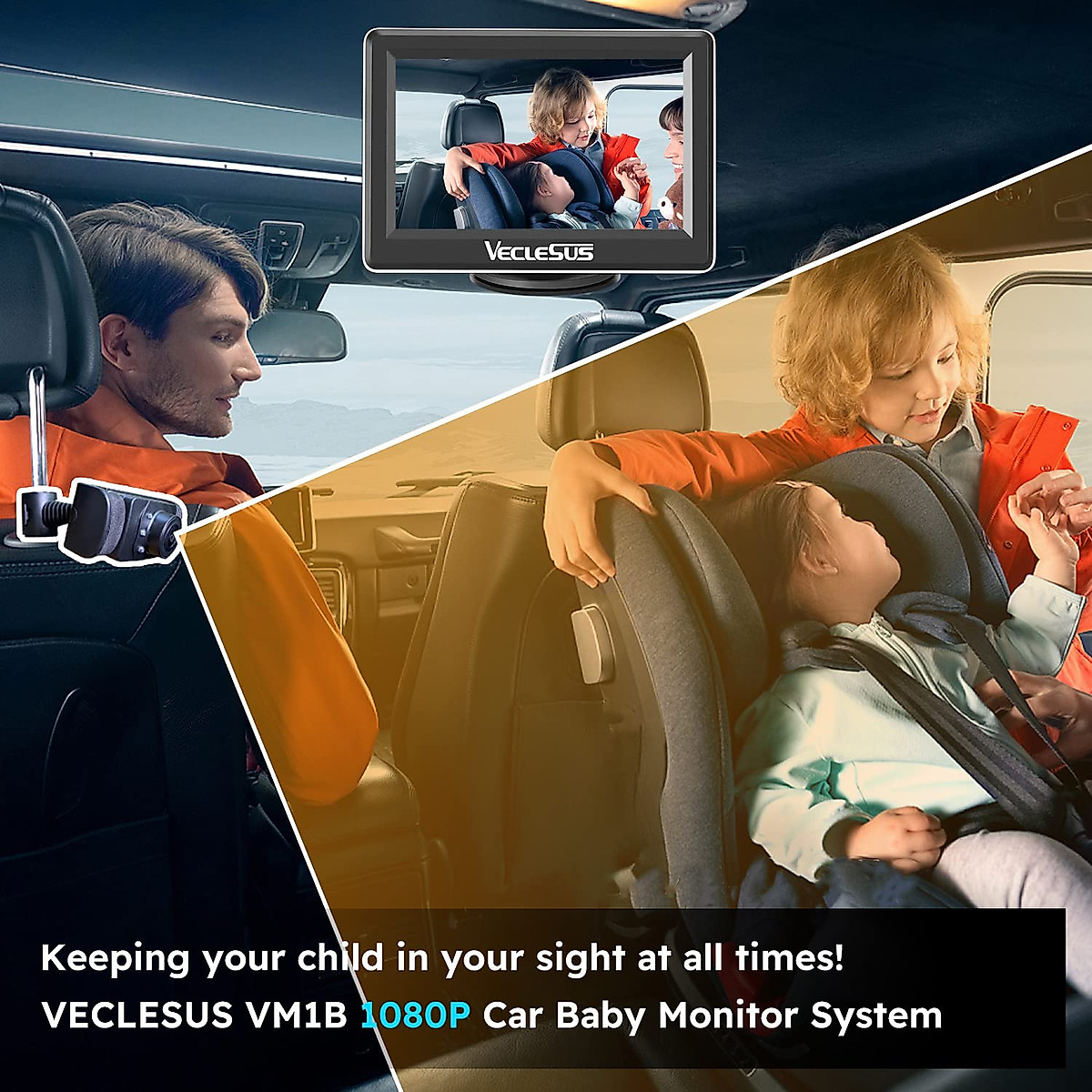 VECLESUS Baby Car Monitor, 1080P HD Rear Facing Baby Car Camera with 4.3” Baby Car Monitor, Easy Installation Baby Car Back Seat Camera for Baby Car Travel Safety for Car, SUV, Pickup