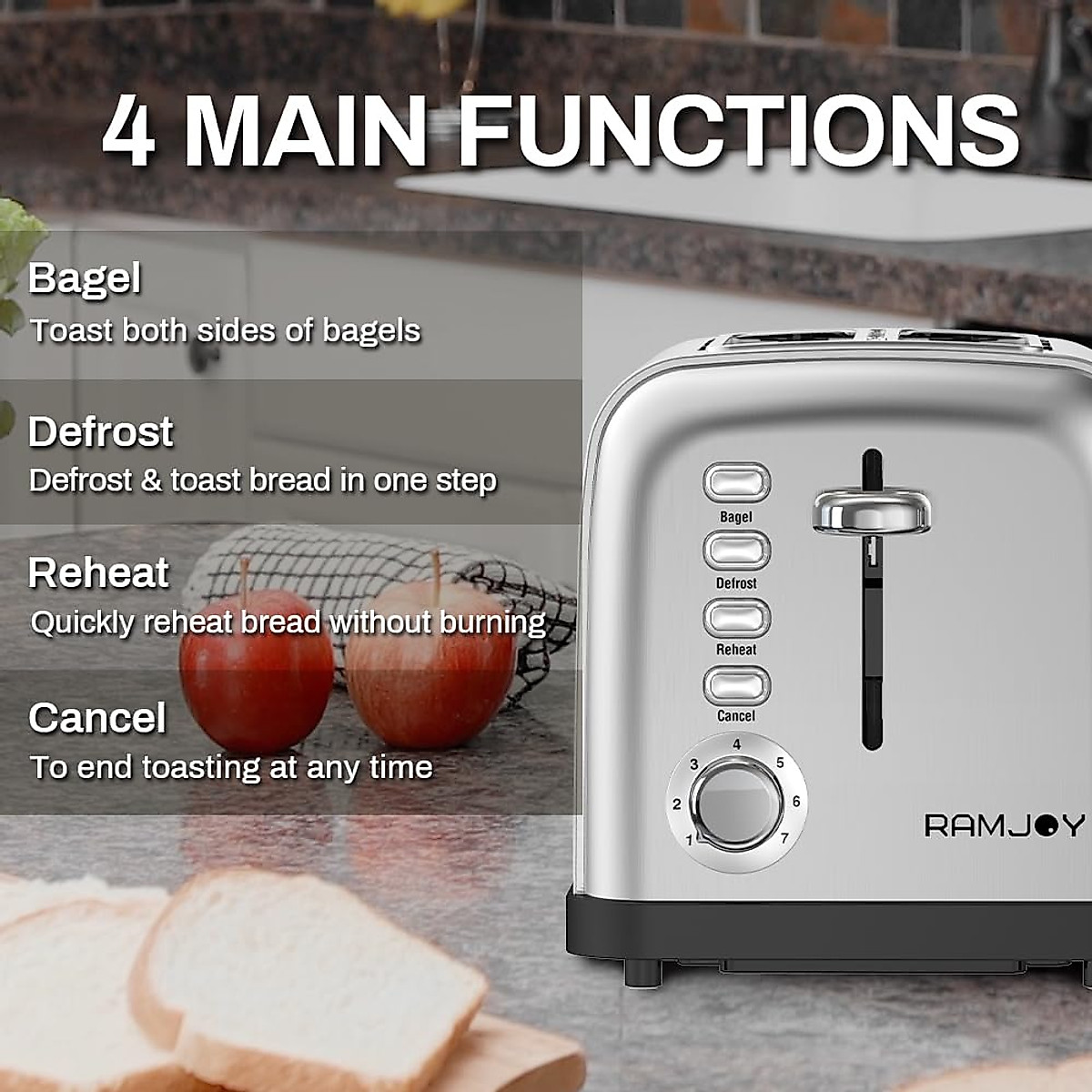 RAMJOY Toaster 2 Slice, Extra-Wide Slot Toasters for Bagels, Bread, Waffles, 7 Shade Settings, 4 Main Functions, Removable Crumb Tray, 900 Watts, Brushed Stainless Steel