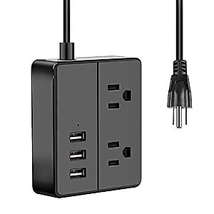 Power Strip with 2 Outlets and 3 USB Ports (1250W/10A), Desktop Charging Station 5 ft Extension Cord, No Surge Protector, Small Size for Home, Indoor, Dorm Room Essentials, Office - Black