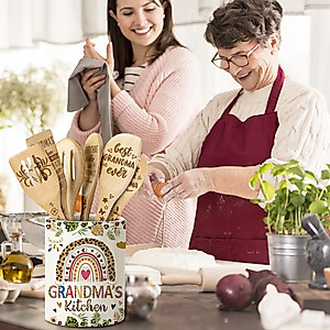 Rabbitable Gifts for Grandma, Ceramic Utensil Holder for Cooking with Wooden Spoons Mothers Day Gifts for Grandma, Grandma Mothers Day Gift Cooking Tools Kitchen Utensils Set with Wooden Spoons for 6