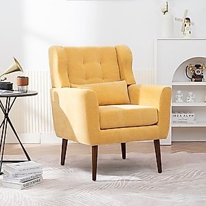 HBRR Mid Century Modern Accent Chair, Upholstered Button Tufted Single Armchair with Tapered Wood Legs, Chenille Fabric Reading Sofa for Bedroom, Living Room, Yellow