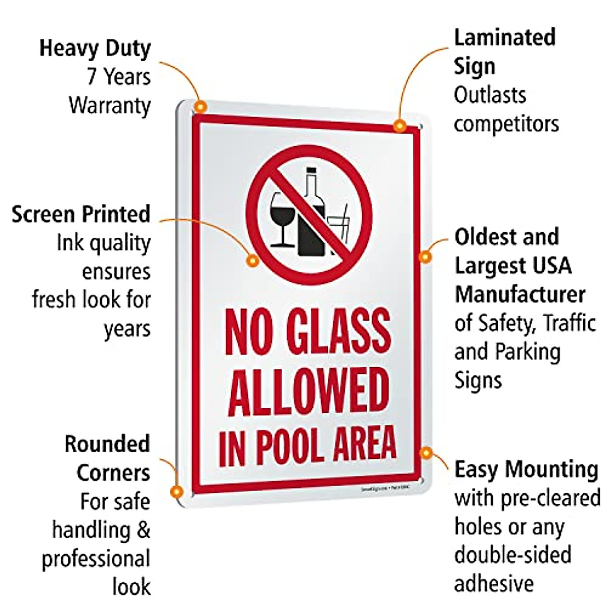 SmartSign 14 x 10 inch “No Glass Allowed In Pool Area” Metal Sign with Symbol, Screen Printed, 40 mil Laminated Rustproof Aluminum, Red, Black and White