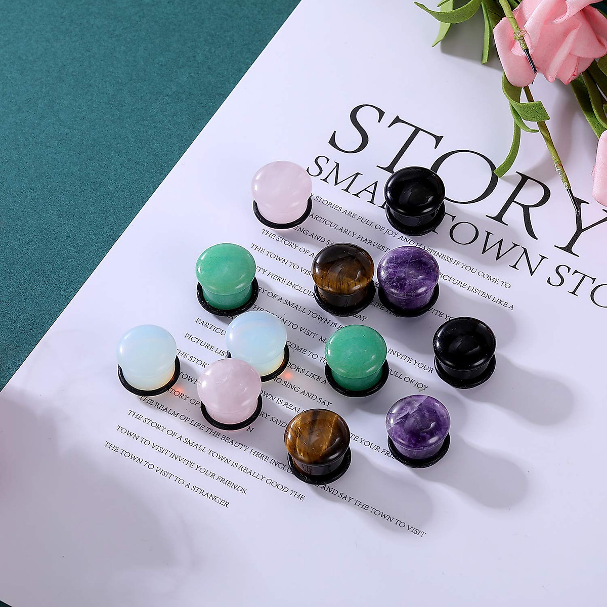 ZS 6 Pairs Mixed Stone Single Flare Ear Plugs Gauges Tunnels Expander with Silicone O-Ring (Gauge=4g(5mm))