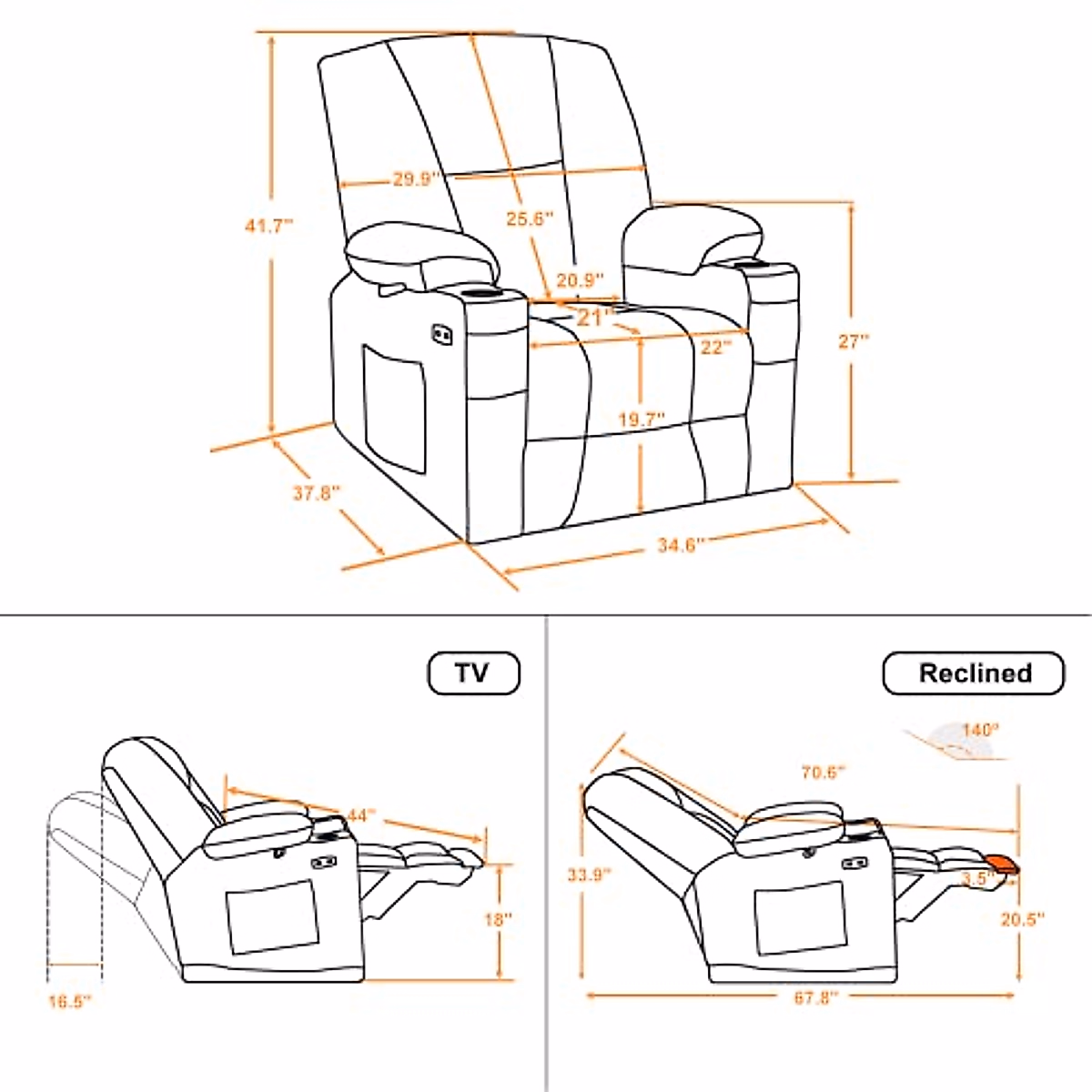 MCombo Fabric Electric Power Recliner Chair with Heat and Massage, Cup Holders, USB Ports, Powered Reclining for Living Room 8015 (Not Lift Chair) (Burgundy, Single Recliner)