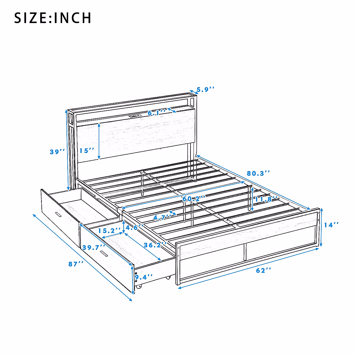 CITYLIGHT Metal Bed Frame Queen with Two Drawers, Queen Size Storage Bed with Sockets, USB ports and Slat Support,No Box Spring Needed,Easy Assembly,White
