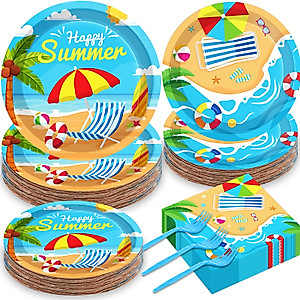 200 Pieces Beach Party Supplies Summer Birthday Party Decorations Disposable Paper Plates Napkins Forks Dinnerware Tableware Set Beach Party Decoration Favors For Kids Serves 50