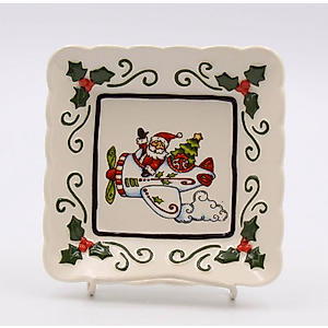 Fine Ceramic Santa Flying Airplane Square Dessert Appetizer Plates Set of 3 (3 pieces Set), 5-1/2"