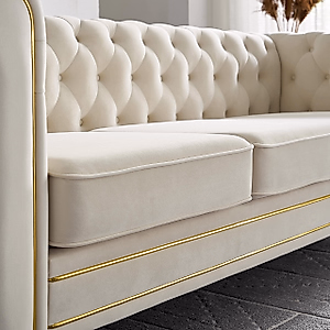 Yoglad Velvet Chesterfield Sofa, 84.65'' Mid Century Modern 3 Seater Couch with Round Arms and Metal Legs, Upholstered Sofa with Tufted Back for Living Room Bedroom (Beige)