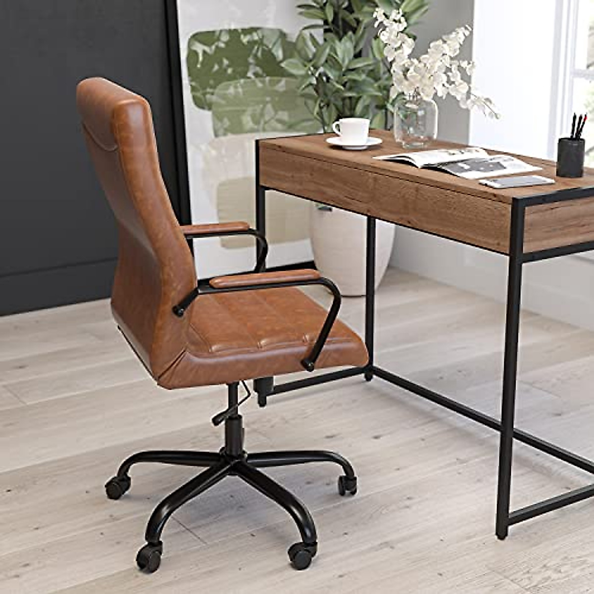 Merrick Lane Milano Contemporary High-Back Brown Faux Leather Home Office Chair with Padded Black Arms