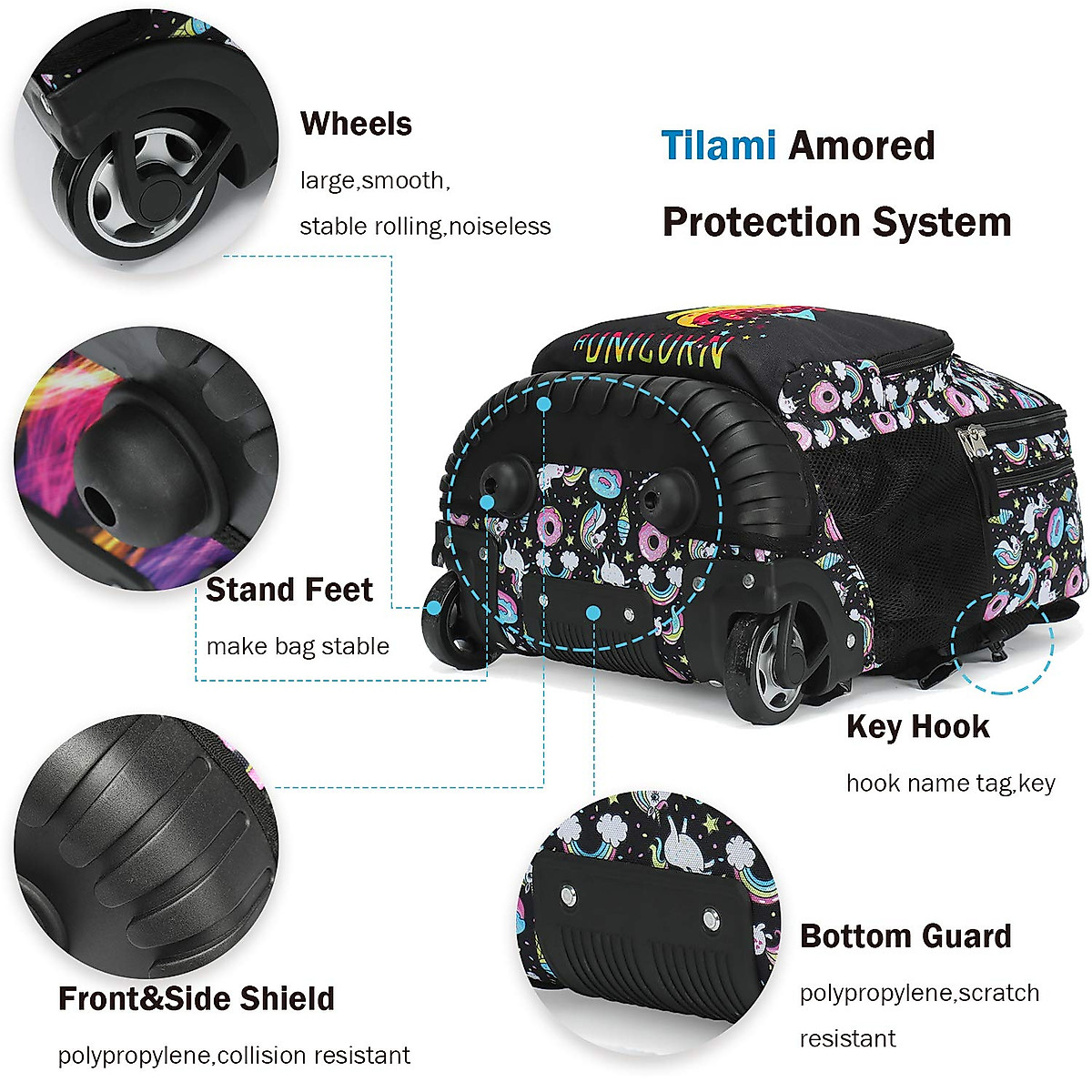 Tilami Rolling Backpack 19 inch with Lunch Bag Wheeled Laptop Backpack, Unicorn Cute