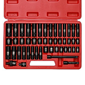 Mayouko 48 Pieces 3/8" Drive Impact Socket Set, SAE/Metric, 6 Point, CR-V, Includes Extension Bar, Adapter, Universal Joint