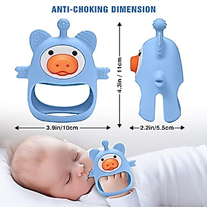 MQGX Teething Toys, Hand Teether for Babies 0-6 Months Never Drop Pig BPA Free, Infants Mitten Teether for Soothing Teething Pain Relief, Chew Toys for Bayby Sucking Needs (Blue)