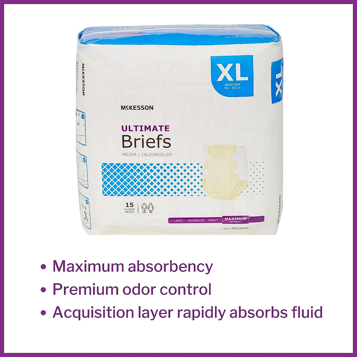 McKesson Ultimate Briefs, Incontinence, Maximum Absorbency, XL, 15 Count, 4 Packs, 60 Total