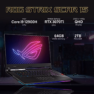ASUS ROG Strix Scar 15 Gaming Laptop, 15.6” QHD 240Hz Display, Intel Core i9 12900H, 64GB DDR5, 2TB SSD, NVIDIA GeForce RTX 3070 Ti, Per-Key RGB Keyboard, Wi-Fi 6E, Black, Win 11, 32GB USB Card