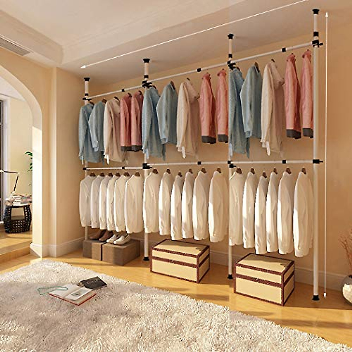 Clothes Storage Rack 6 Tier Closet Organizer Adjustable Clothes Rack No Drilling Garment Rack Heavy Duty Closet System