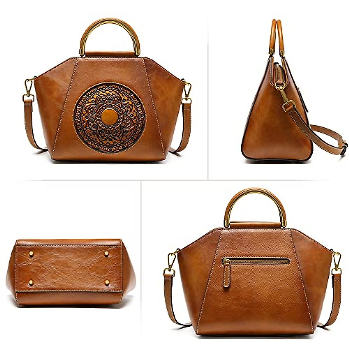 Ebesa Women Genuine Leather Handbags, Organizer Retro Vegetable Tanning leather bag Vintage Embossing Totem Shoulder Bag (orange brown)