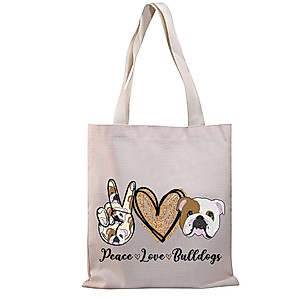 BDPWSS English Bulldog Tote Bag For Women Bulldog Mom Gift Bulldog Owner Gift Peace Love Bulldog Canvas Shoulder Bag (Peace bulldogs TG)