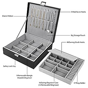 SIMBOOM Jewelry Box Organizer for Women Girls, 2 Layer Large Jewelry Display Storage Case for Rings Earrings Necklaces Bracelets Watches, PU Leather Mens Jewelry Organizer Boxes with Lock, Black