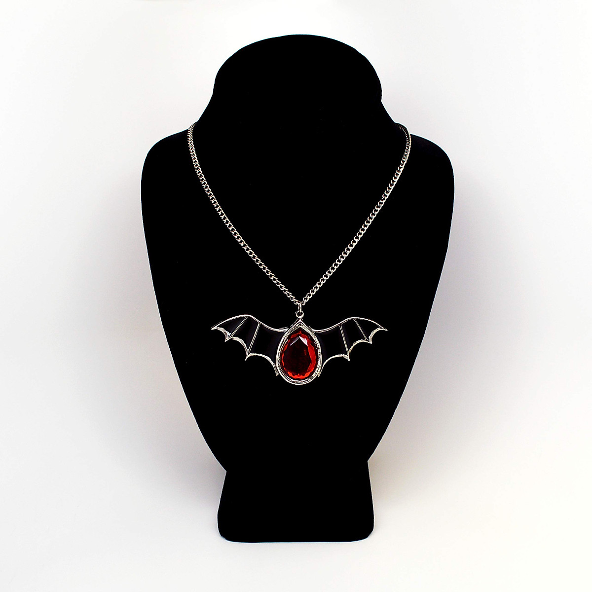 Gothic Black Bat Wings and Blood Red Stone Pewter Pendant Necklace