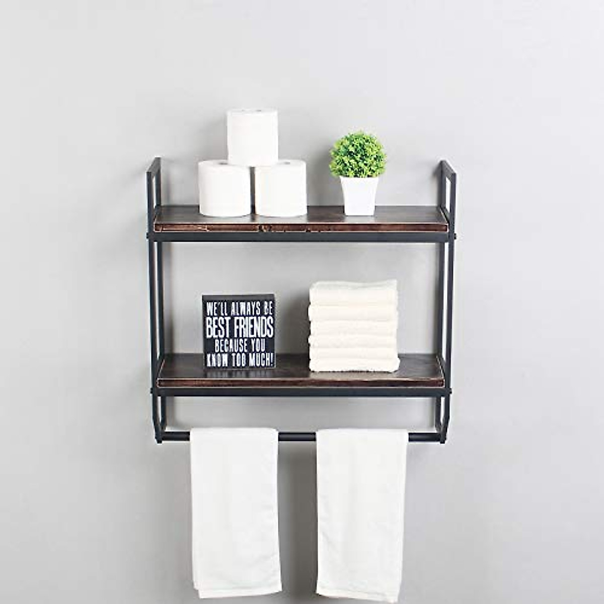 OISSIO Bathroom Shelves Wall Mounted,2 Layer Bathroom Shelf with Towel Bar,Storage Shelves for Kitchen,Metal&Wood Floating Shelves, Rustic Industrial Bathroom Shelves,Vintage Black