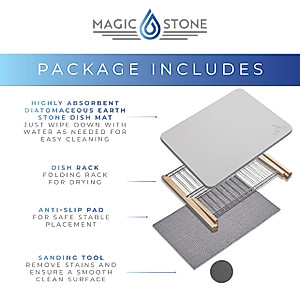 Magic Stone - Diatomaceous Earth Kitchen Mat and Bamboo Dish Rack – Super Absorbent Dish Drying Mats for Kitchen Counter, Durable & Quick Drying Mat (White)