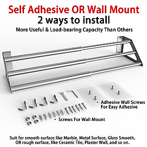 13.5-24 Inch Adjustable Towel Rack with Adhesive Wall Screws for Bathroom, Wall Mount Towel Bar Holder, Bath Towel Shelf Hanger with Movable Hooks, 3-Tiers Ladder Towel Rails, SUS 304 Stainless Steel