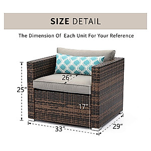 HOMPUS Outdoor Single Chairs All Weather Handwoven Mottlewood Brown Rattan w Warm Grey Cushion w Pillow for Garden, Poolside, Backyard