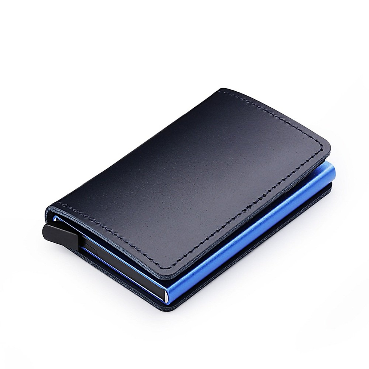 Dlife Credit Card Holder RFID Blocking Wallet Slim Wallet Cowhide Leather Vintage Aluminum Business Card Holder Automatic Pop-up Card Case Wallet Security Travel Wallet (Blue Case)