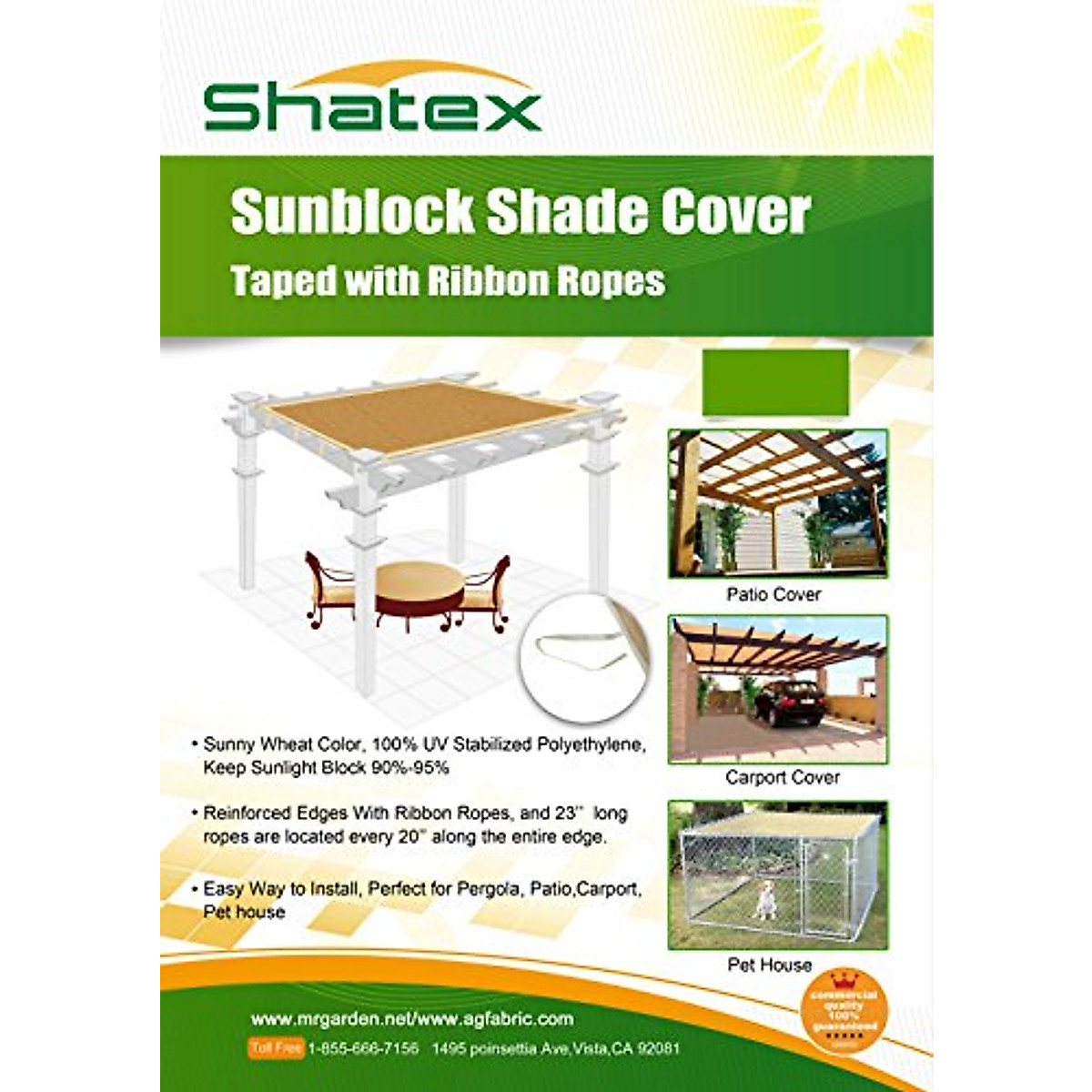 Shatex Shade Panel 10' x 12' Block 90% of Sunlight with Ready-tie up Ribbon for Pergola Gazebo Porch, Wheat