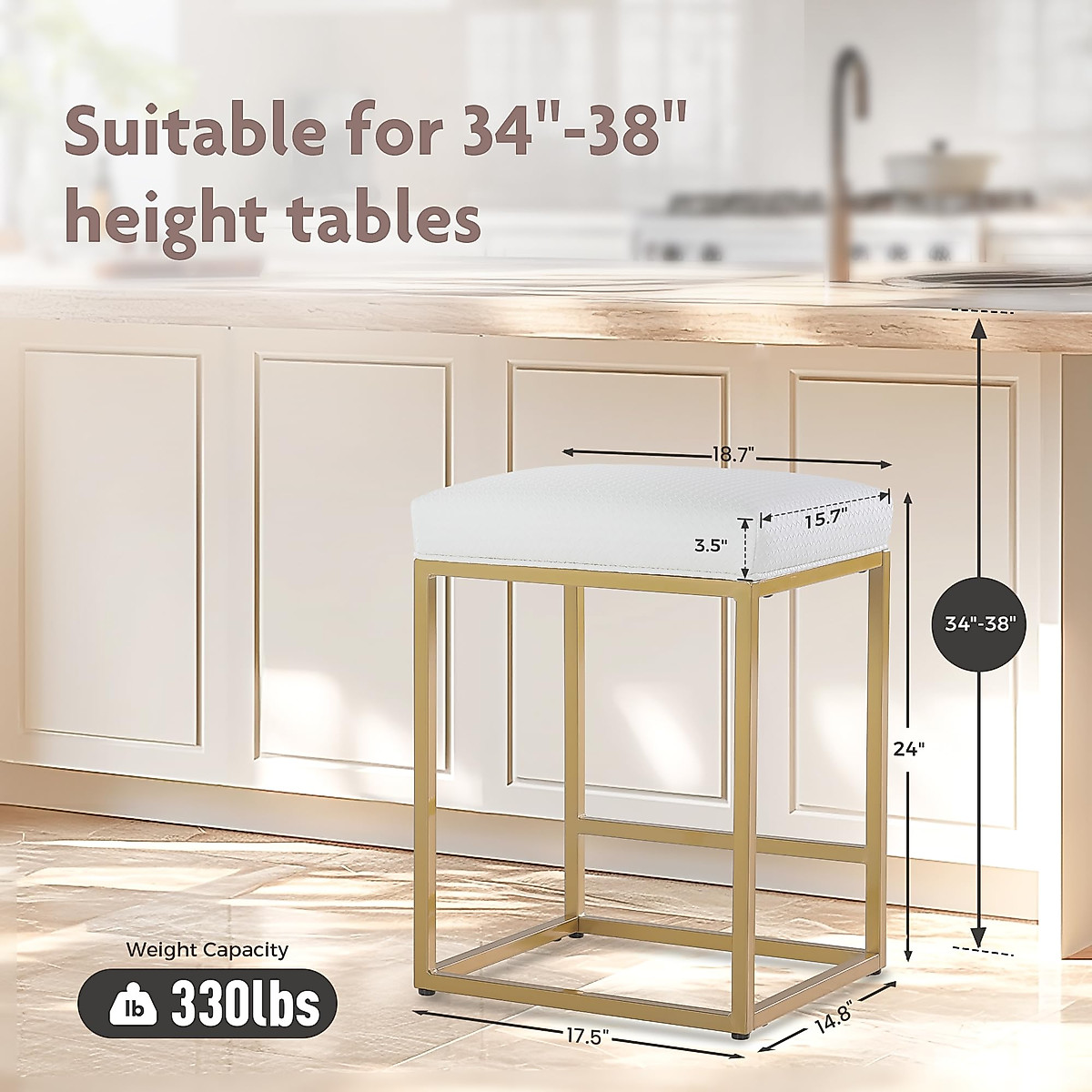 ALPHA HOME 24 Inch Counter Height Bar Stools Set of 3, Upholstered Bar Stools for Kitchen Island, Counter Stools with Faux Leather Cushion and Sturdy Metal Frame, Modern Barstools, White and Gold