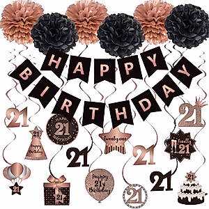 BRT Bearingshui Happy 21st Birthday Hanging Swirls Streamers Decoration, Happy Birthday Banner with Tissue Pompoms, Rose Gold and Black 21 Years Old Birthday Party Hanging Backdrop Decorations
