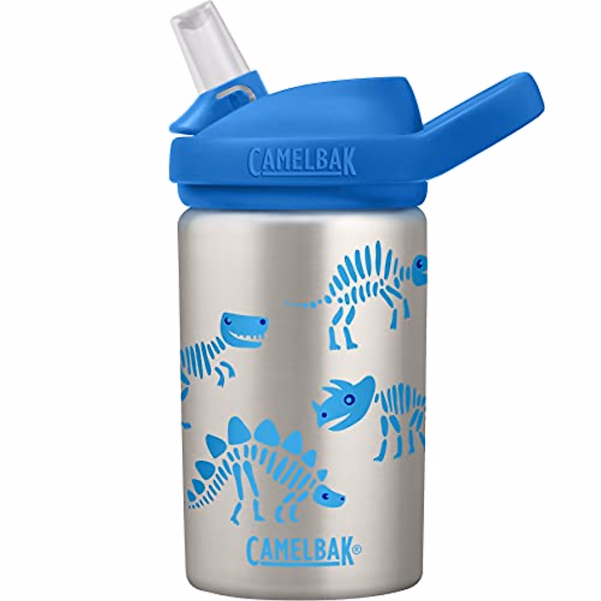 CamelBak Eddy+ Kids Water Bottle, Stainless Steel with Straw Cap, 14 oz, Dino Bones - Spill-Proof When Open, Leak-Proof When Closed